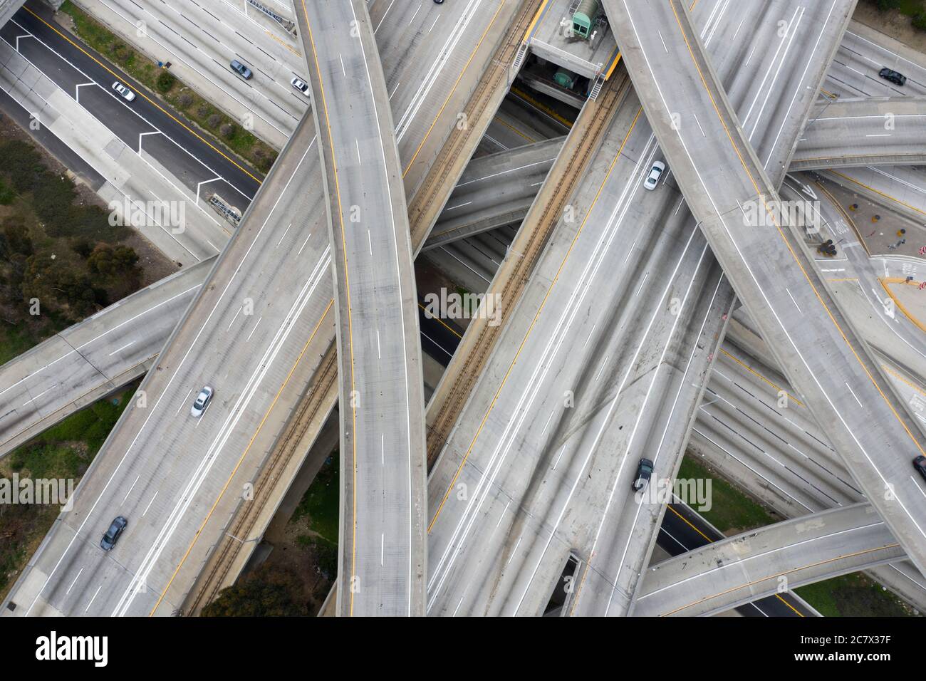 Empty interchange of the 105 and 110 freeways from the air over Los ...