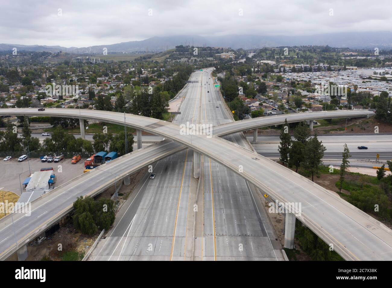Aerial view of an empty 405 and 118 freeway interchange in the San ...