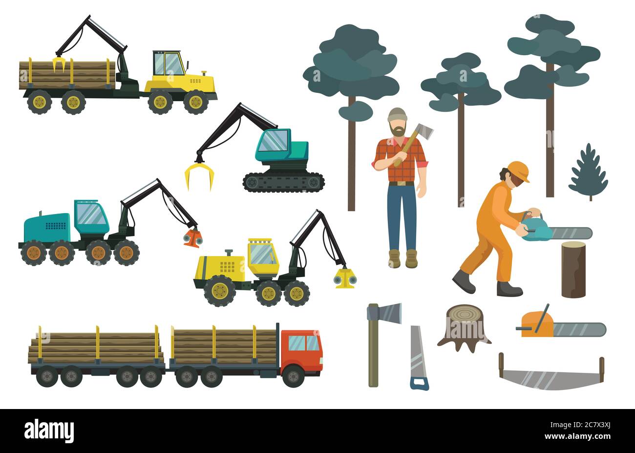 Big Set Of Forestry Industry Vehicles And Equipment Vector