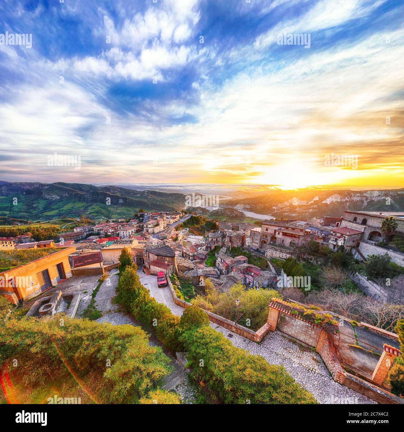 Sunrise over old famous medieval village Stilo in Calabria. View on ...