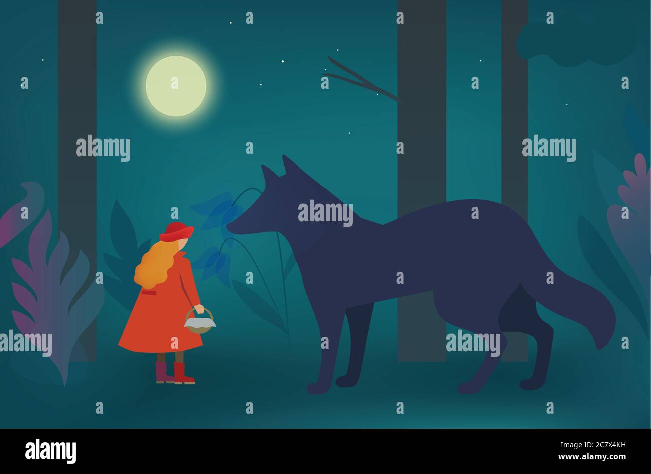 Little Red Riding Hood and wolf in the dark forest. Vector illustration ...