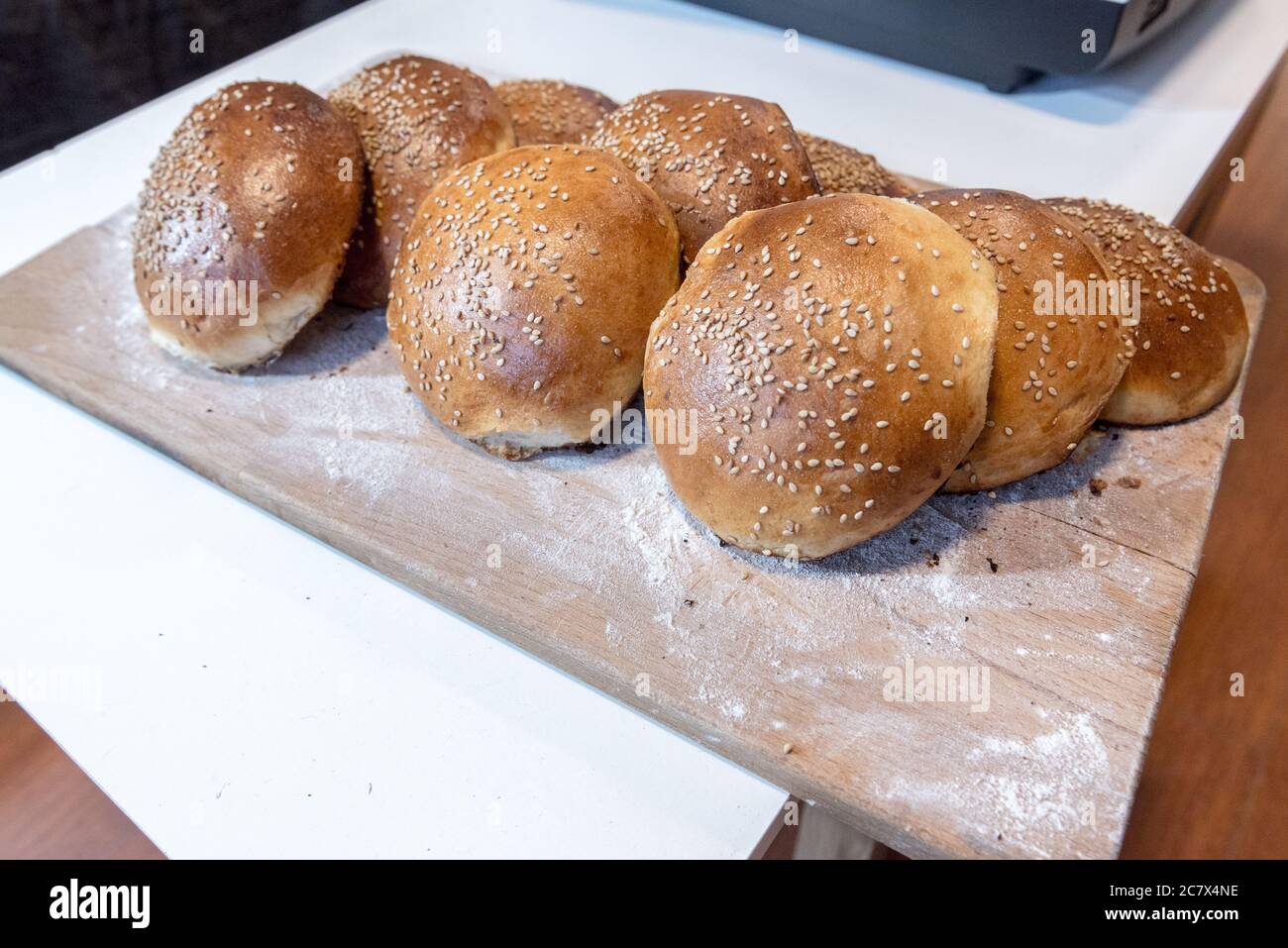 High angle shot of tasty looking buns with sesame seeds Stock Photo - Alamy