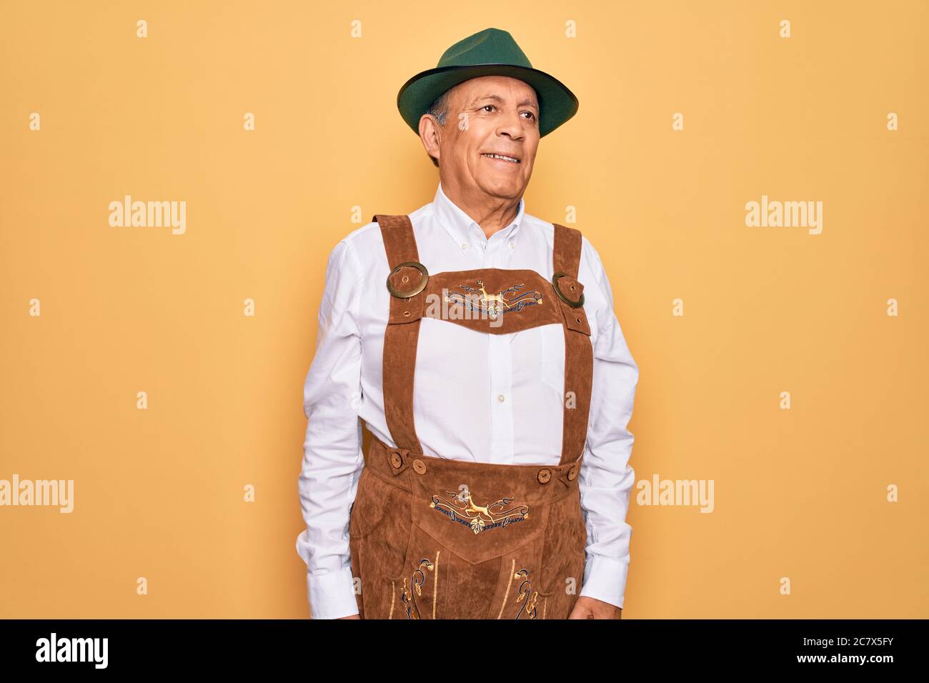 Senior grey-haired man wearing german traditional octoberfest suit over ...