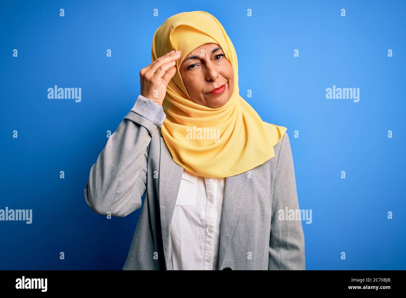 Middle age brunette business woman wearing muslim traditional hijab ...