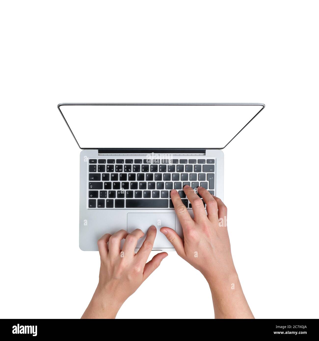 Hands on a laptop with top view on a white background. Isolated Stock ...