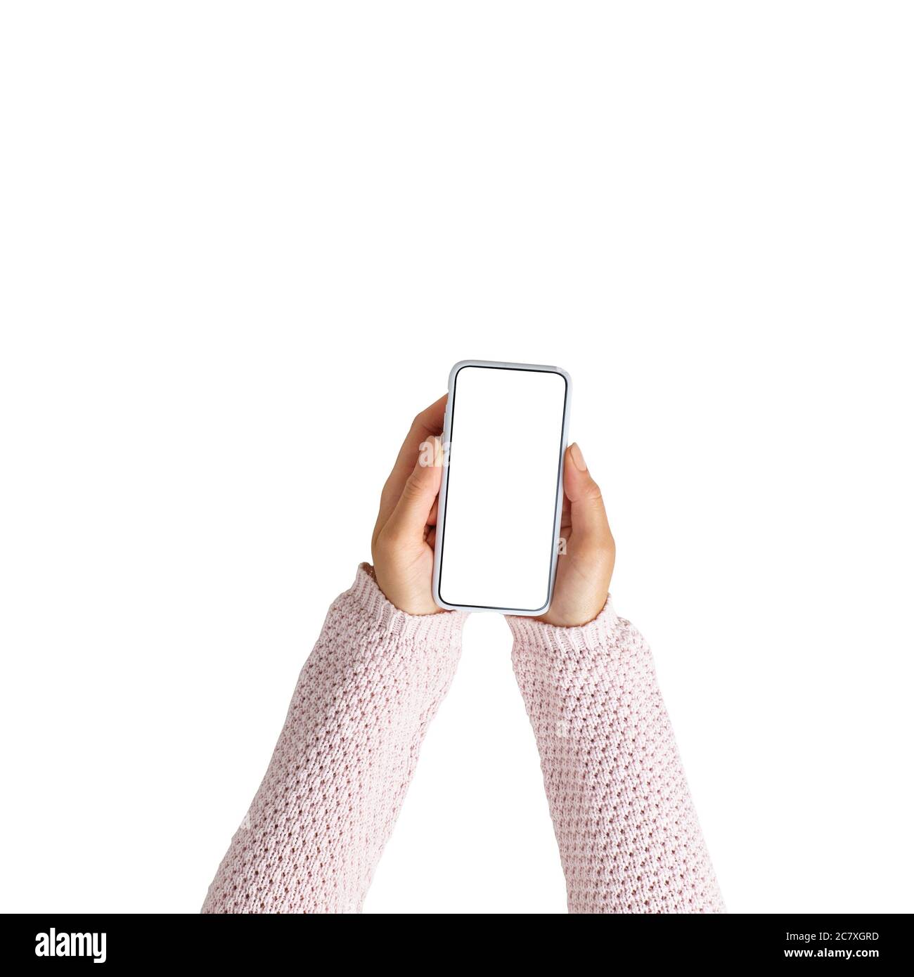 Girls hands with smartphone with top view on white background. Isolated ...