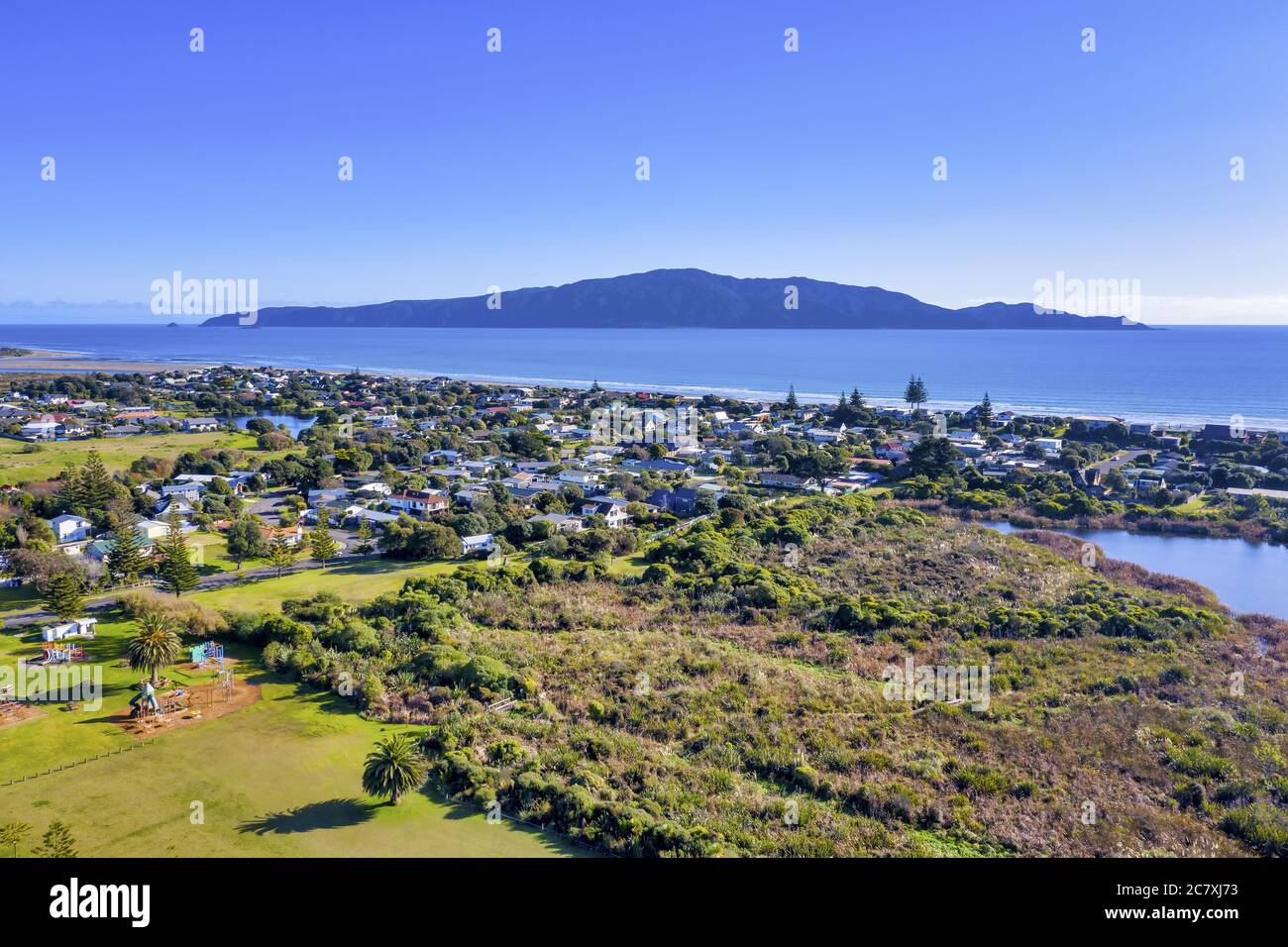 Aerial view of the coast of the ocean at the Kapiti island in New ...