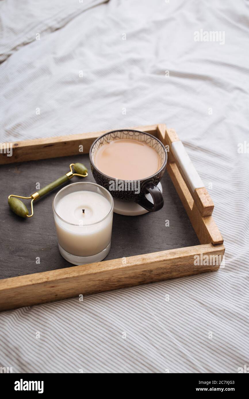 Beautiful shot of morning coffee in bed - morning laziness concept ...