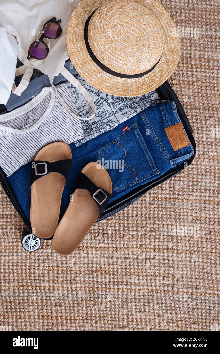 Close up shot of traveling essentials in an aesthetic setting Stock ...