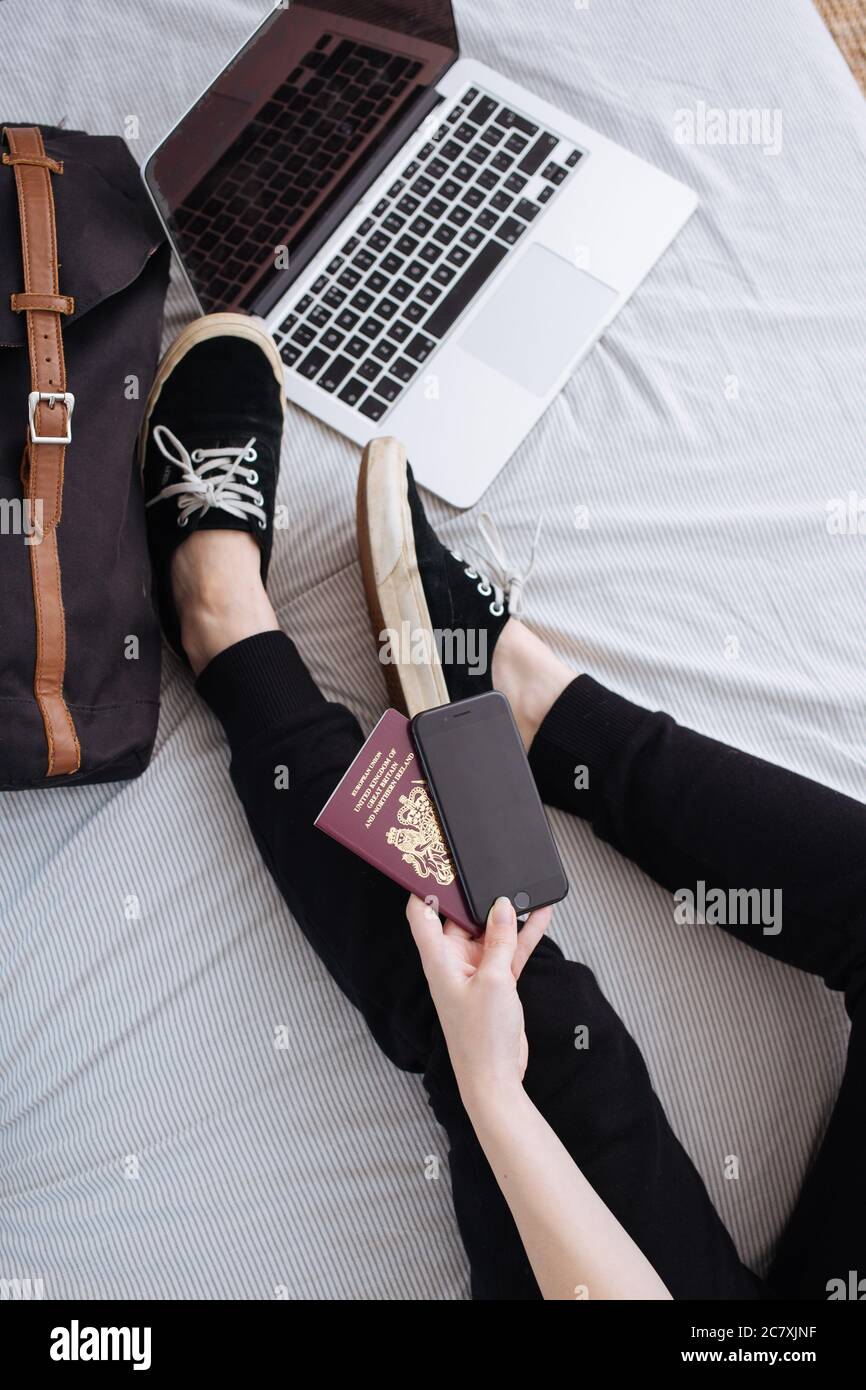 Close up shot of traveling essentials in an aesthetic setting Stock ...