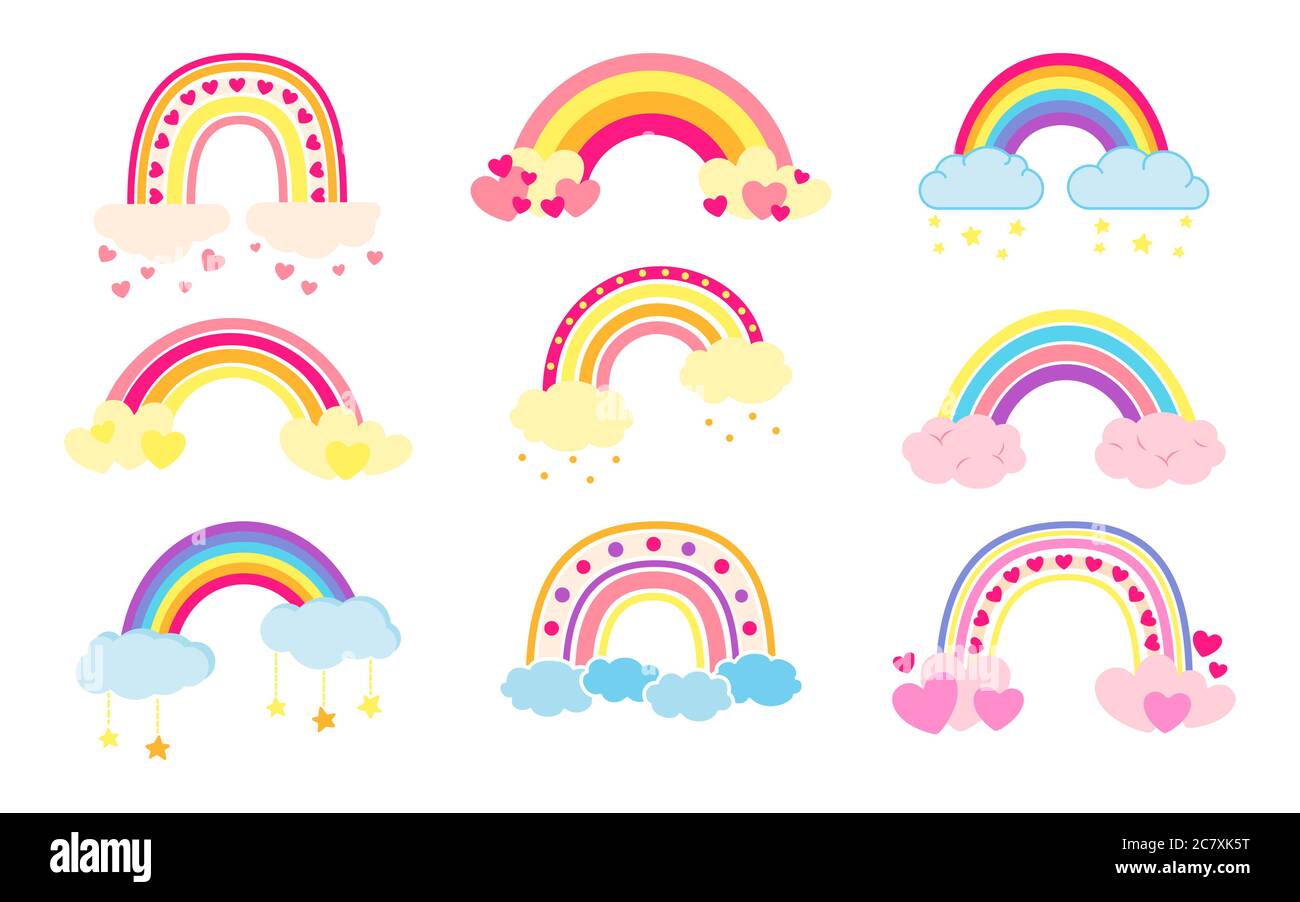 Rainbow set flat cartoon style. Rainbows with clouds abstract hand ...