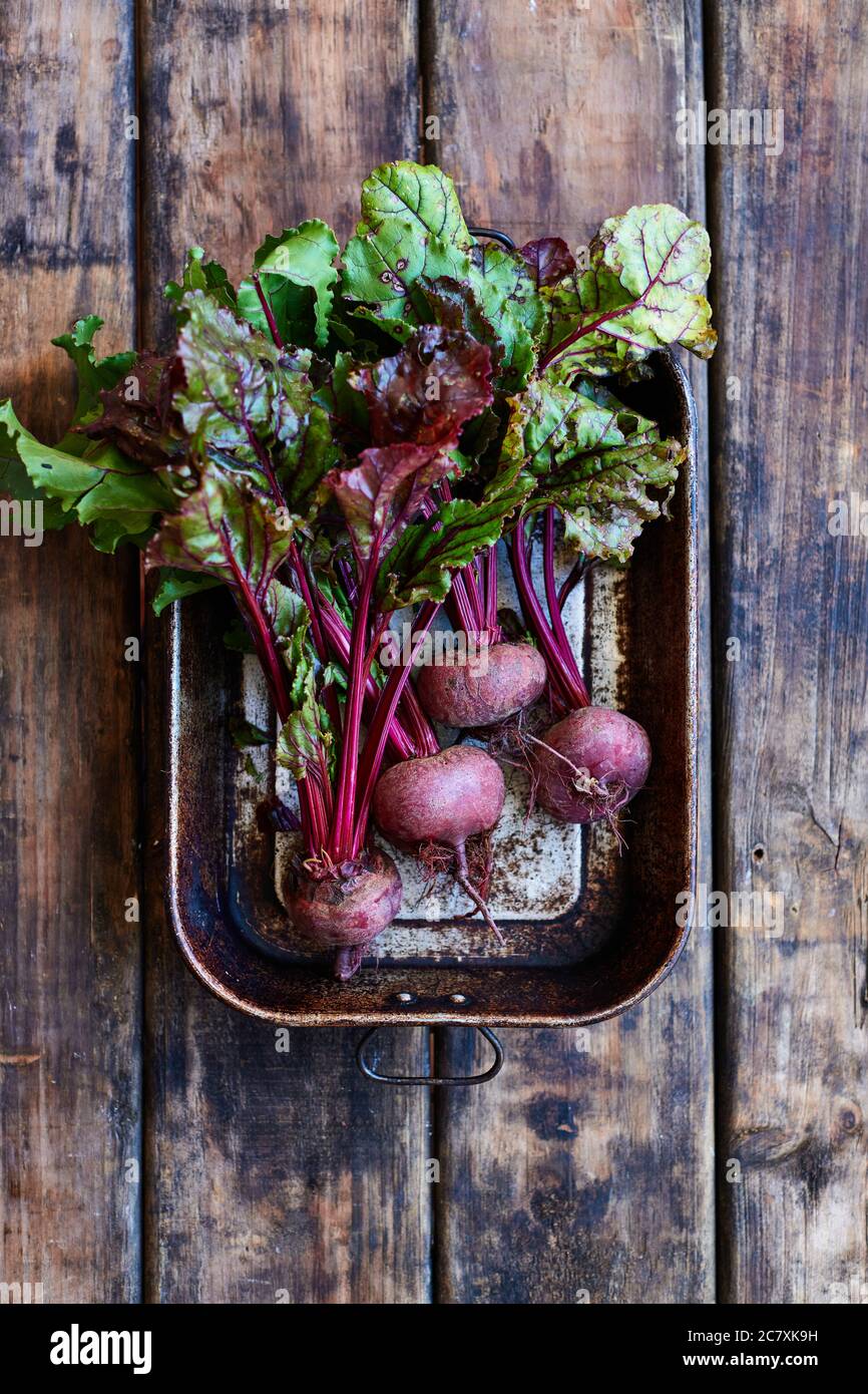 Overhead shot of fresh organic beetroot on a tray against a wooden ...