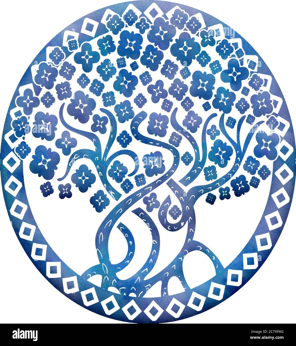 An illustration of a unique design of a tree in a round frame isolated ...