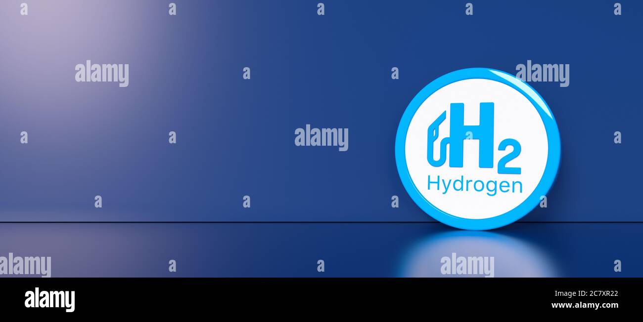 3d rendering of a reflecting round-shaped H2 Hydrogen sign on dark blue ...