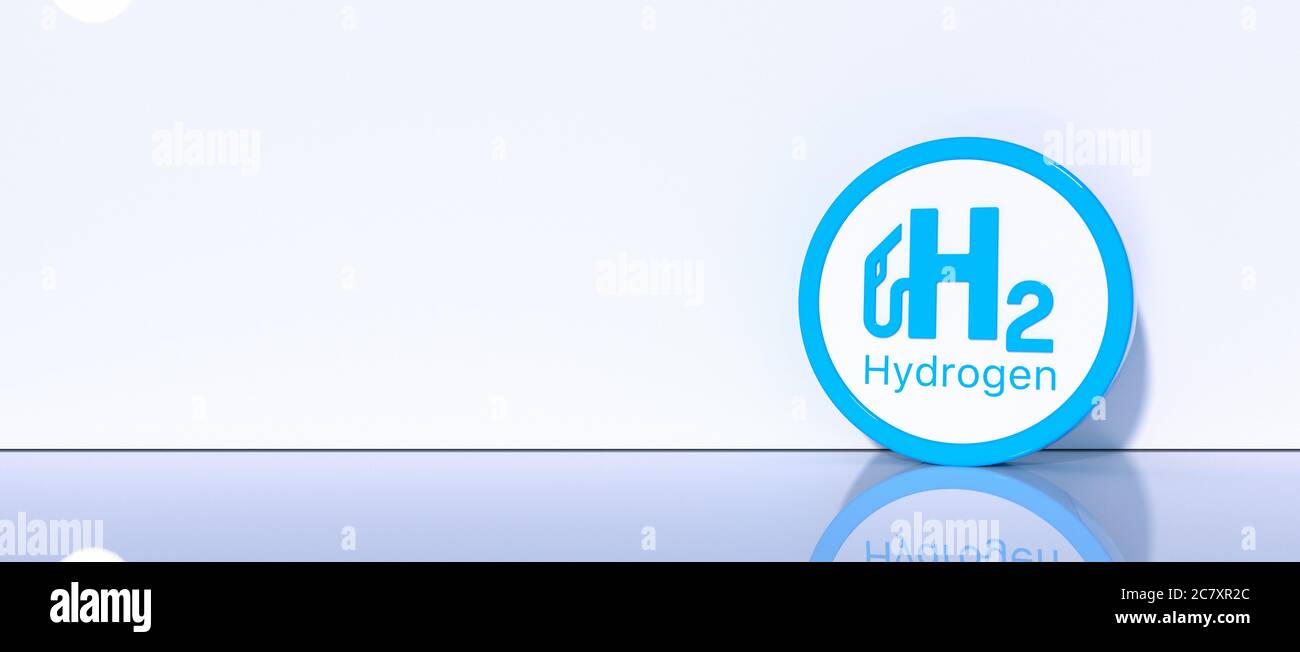 3d rendering of a reflecting round-shaped H2 Hydrogen sign on a light ...