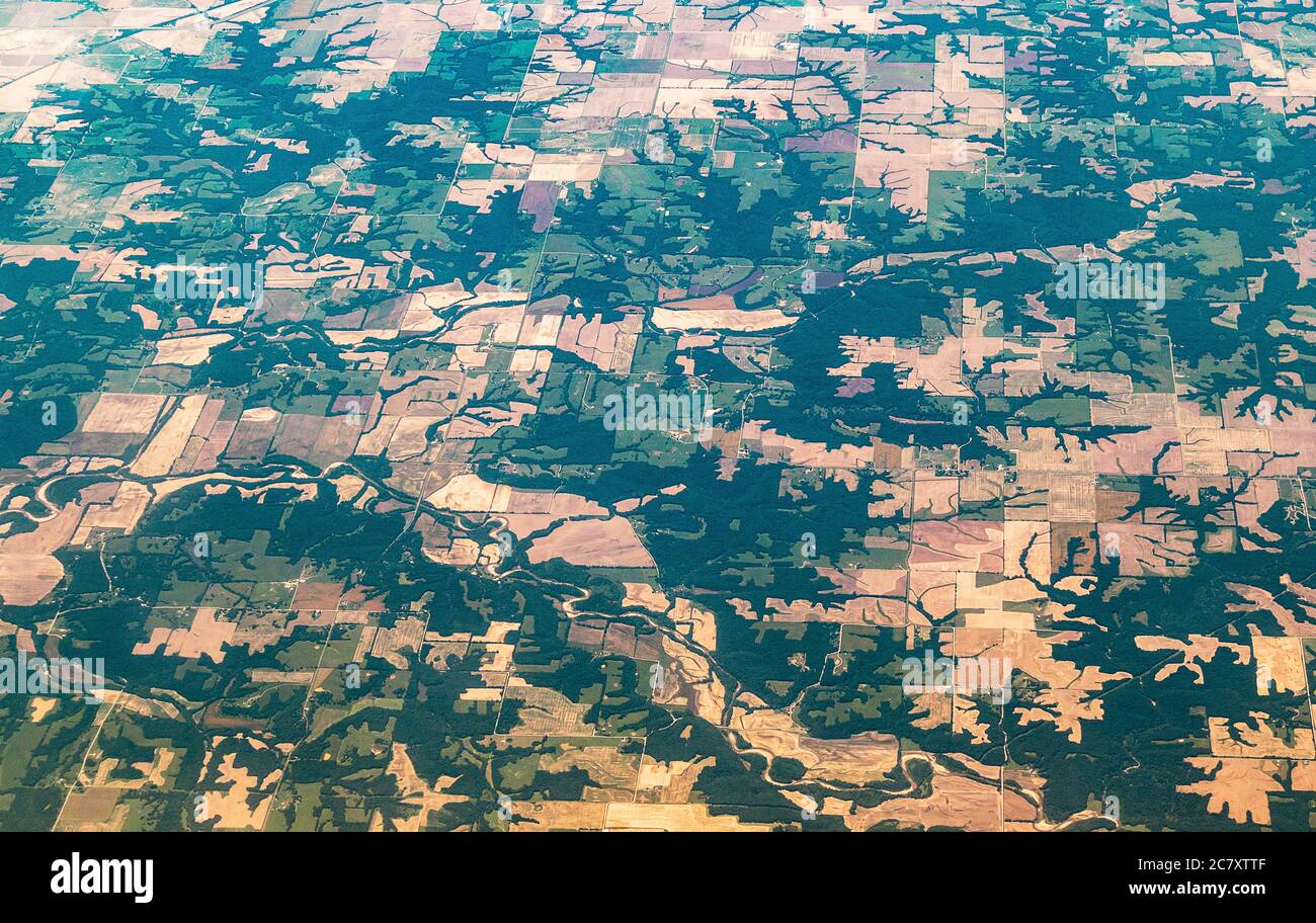 Aerial view of fields, rivers, forests. Agricultural landscape areas ...