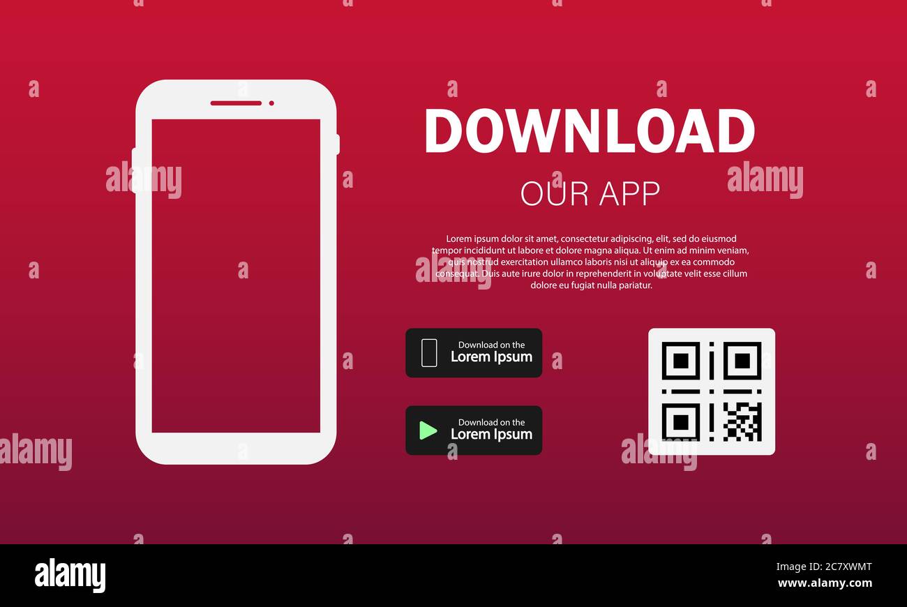 Download page of the mobile app. Download buttons with scan qr code ...