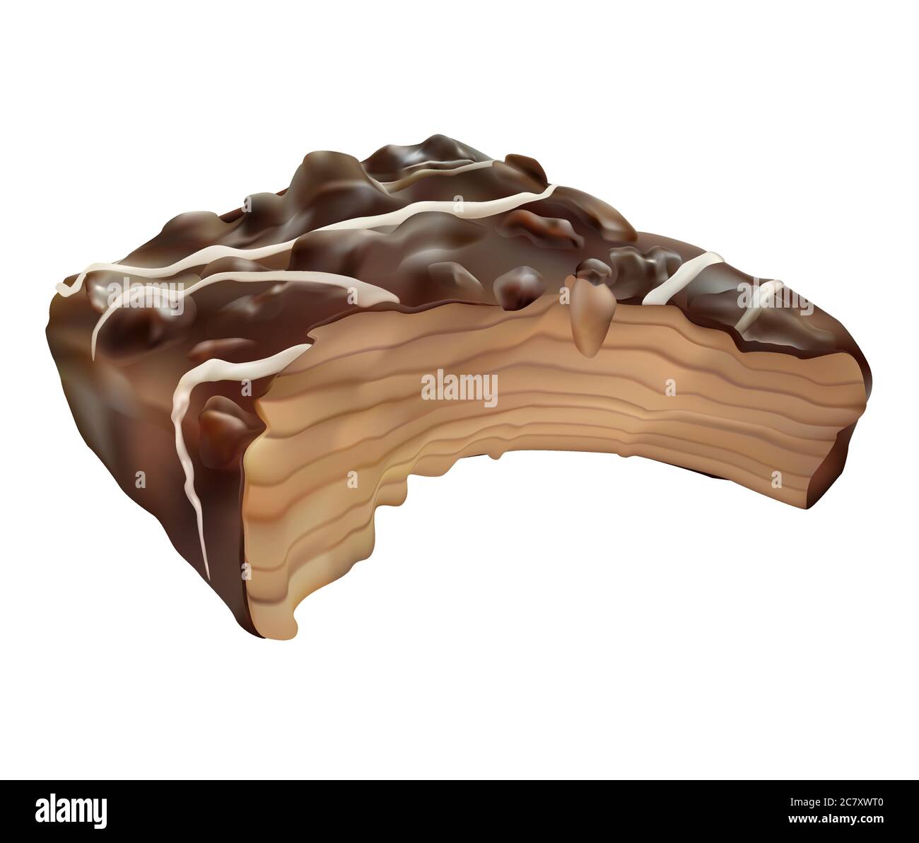 realistic bitten glazed chocolate cake isolated on a white background ...