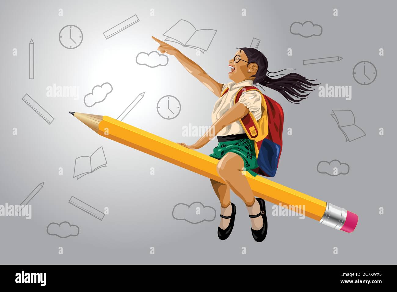 Happy school kid riding a flying pencil Stock Vector Image & Art - Alamy