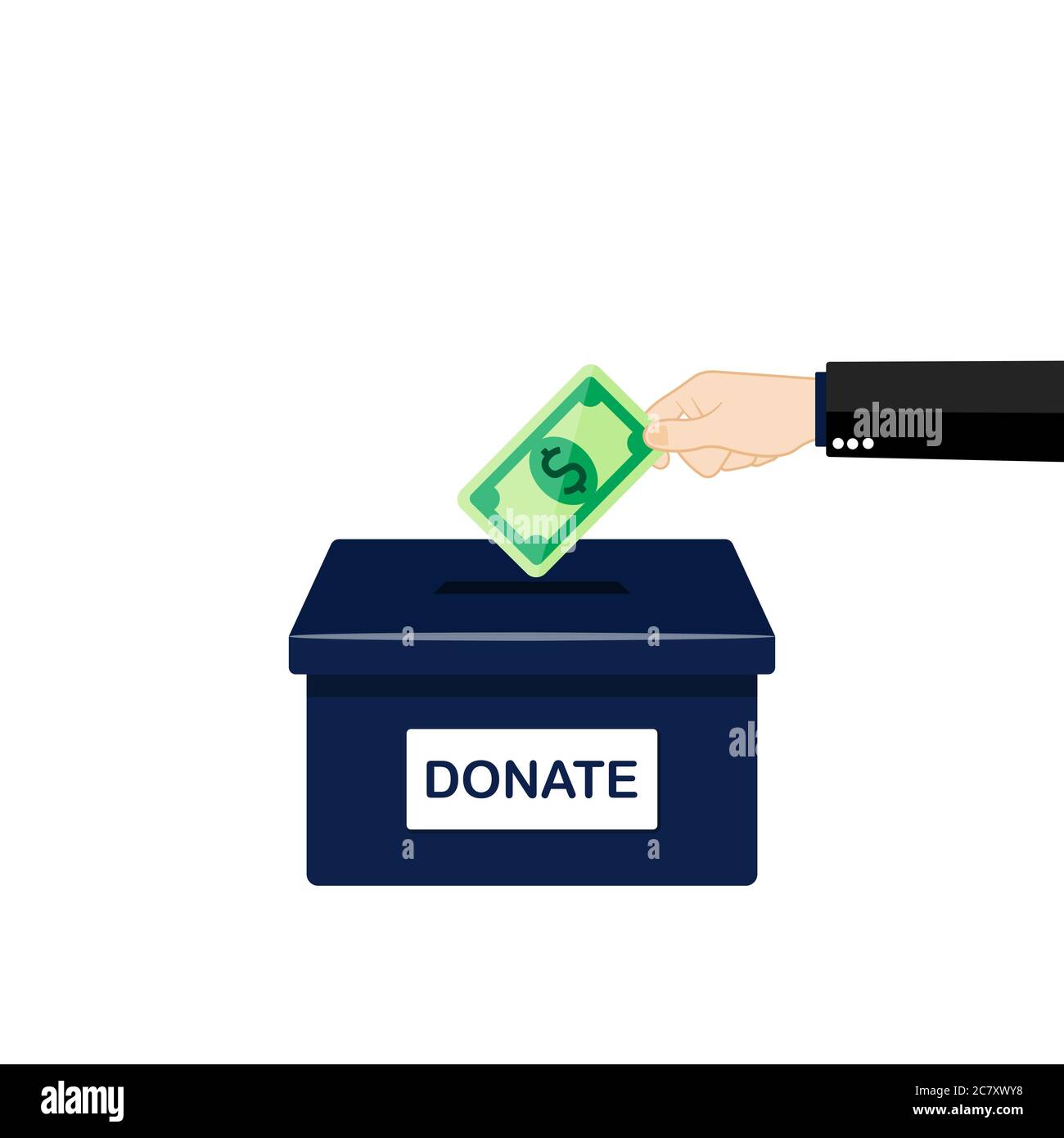 Buisness man hand putting money in donation box. Vector EPS 10 ...