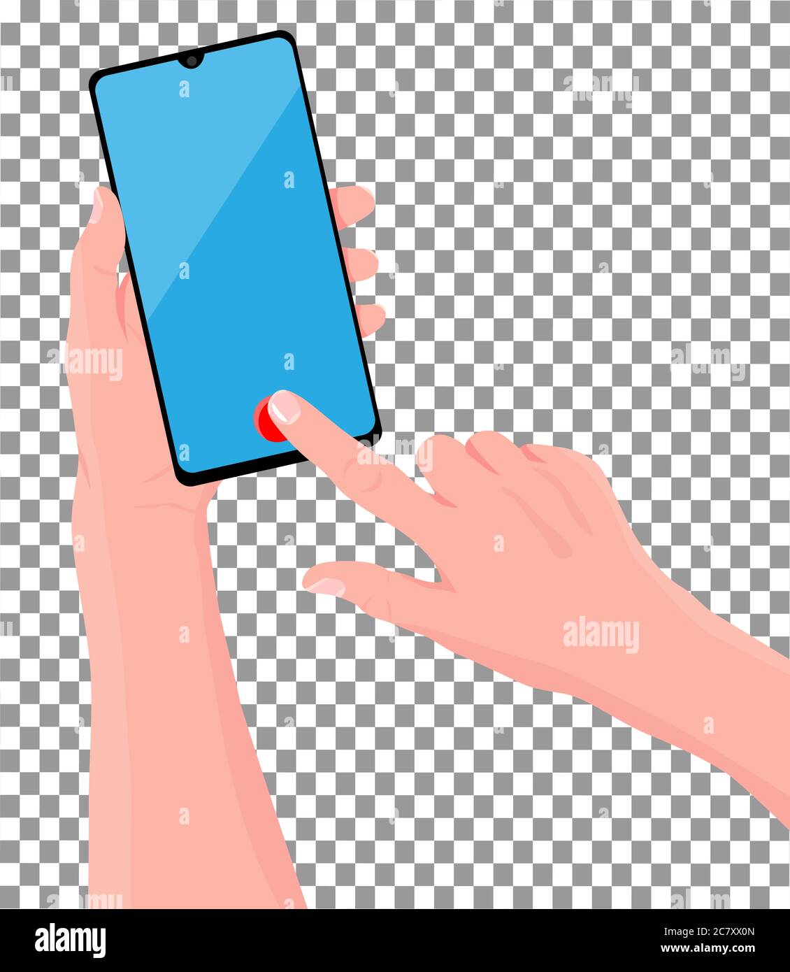 Mobile phone in the hand. Hand is holding black smartphone. Finger touching screen. Vector ...