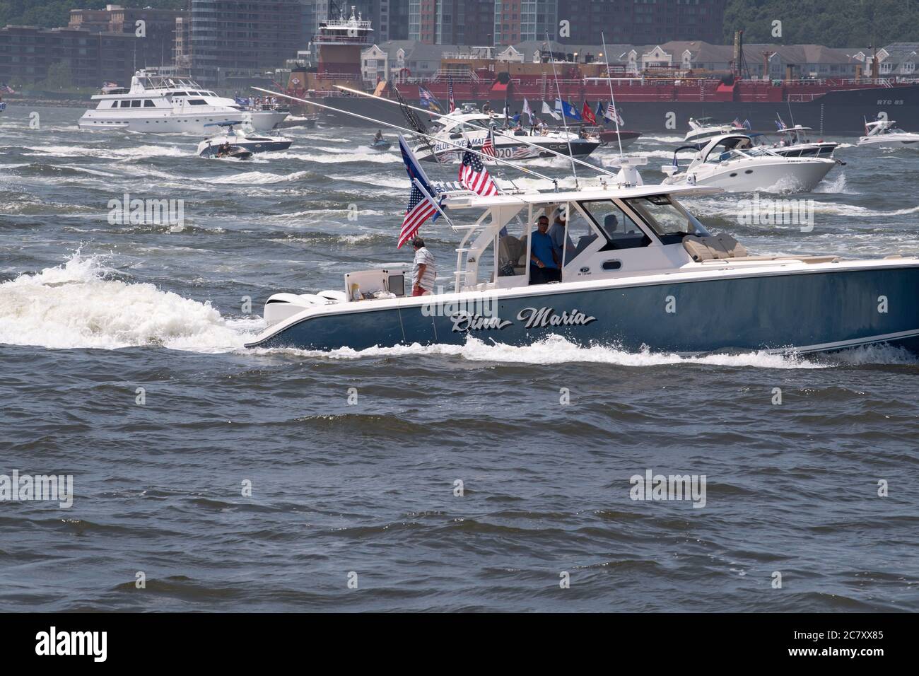 NEW YORK, NY - JULY 19. 2020: A huge flotilla of boats and jetski ...