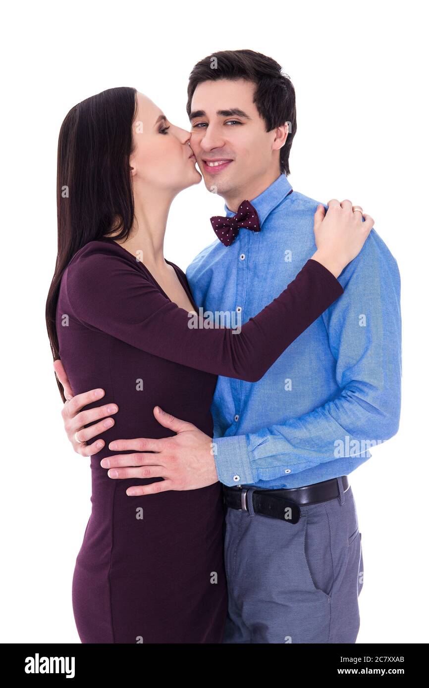 Happiness Concept Happy Young Woman Kissing Her Husband Isolated On
