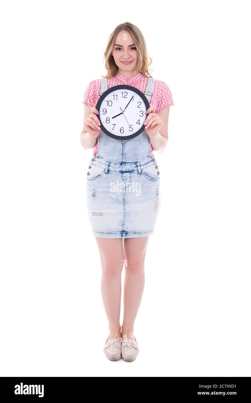 time concept - happy teenage girl with office clock isolated on white ...