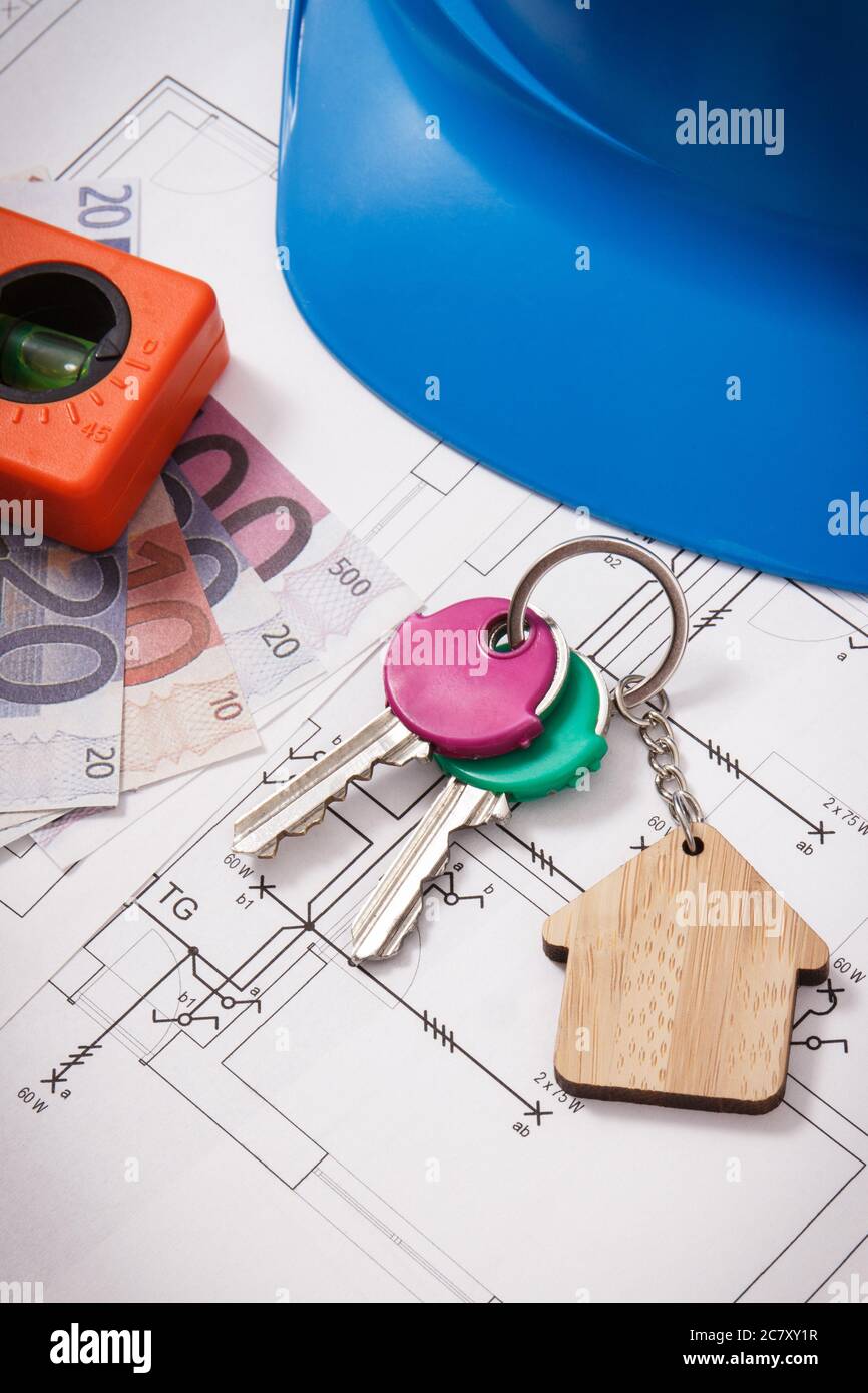 House keys, currencies euro, electrical construction diagrams or ...