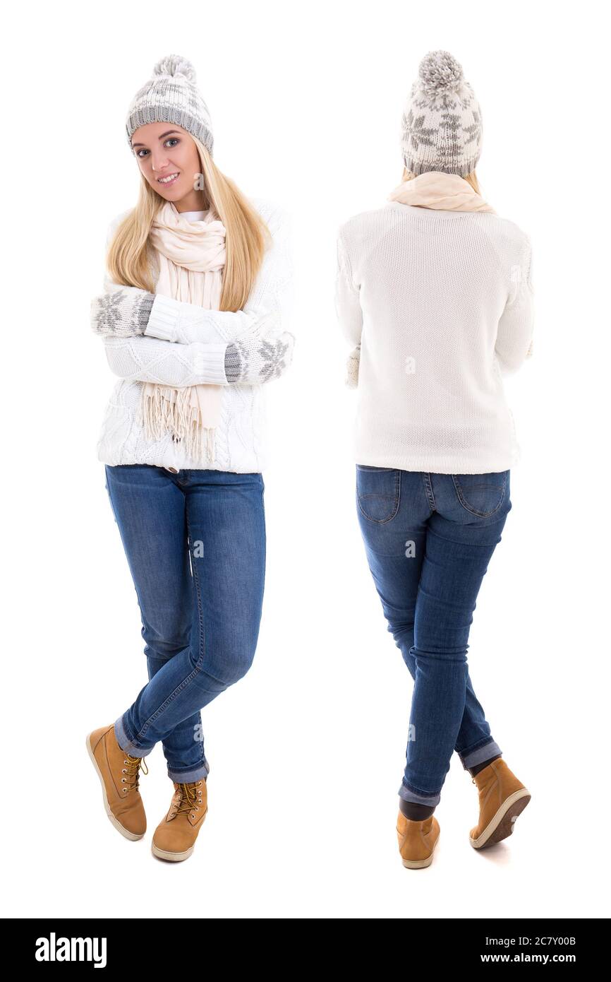 front and back view of beautiful woman in winter clothes isolated on ...