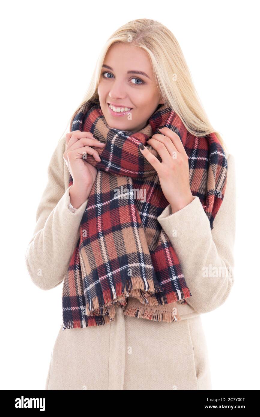 young blond woman in warm clothes isolated on white background Stock ...