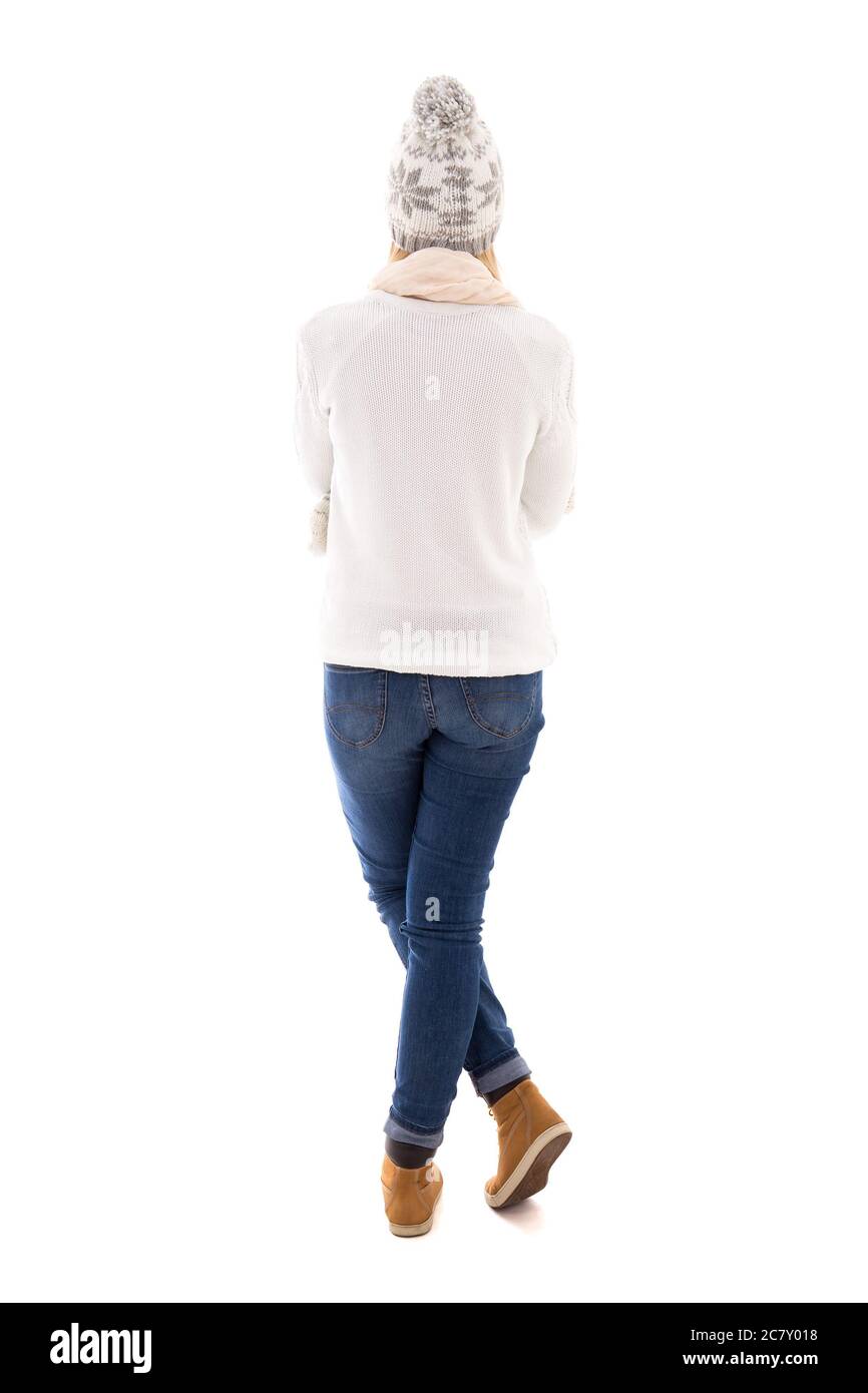 back view of beautiful woman in winter clothes isolated on white ...