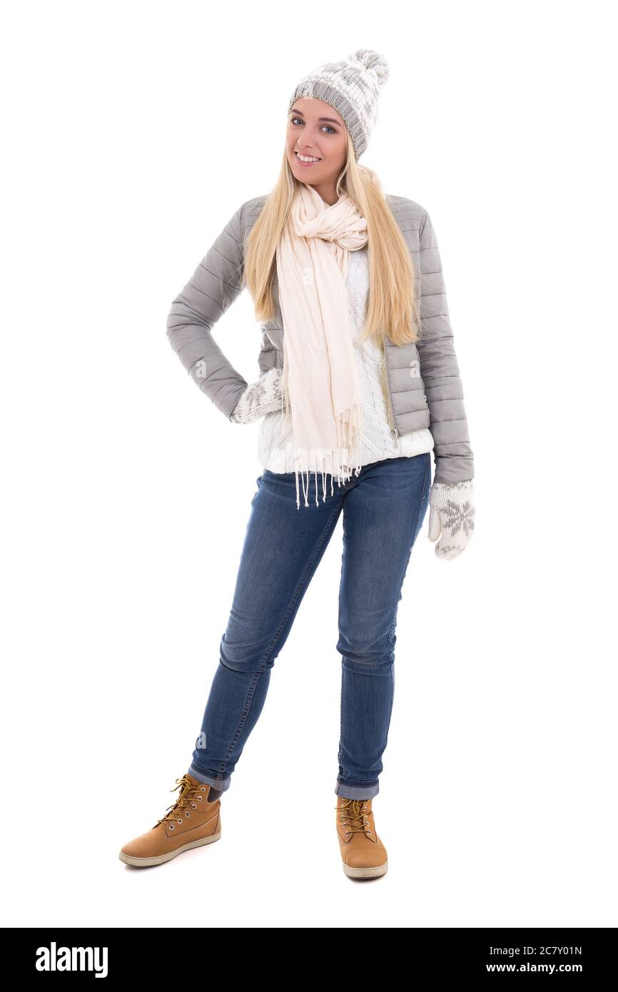 full length portrait of cute beautiful woman in winter clothes isolated ...