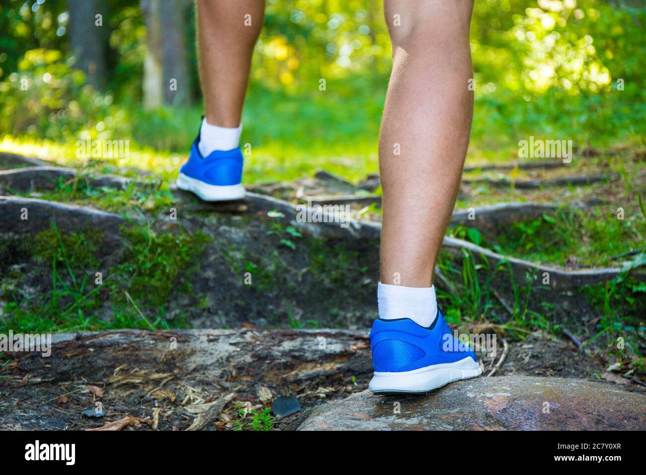 hiking concept - close up of male legs in running shoes in forest Stock ...