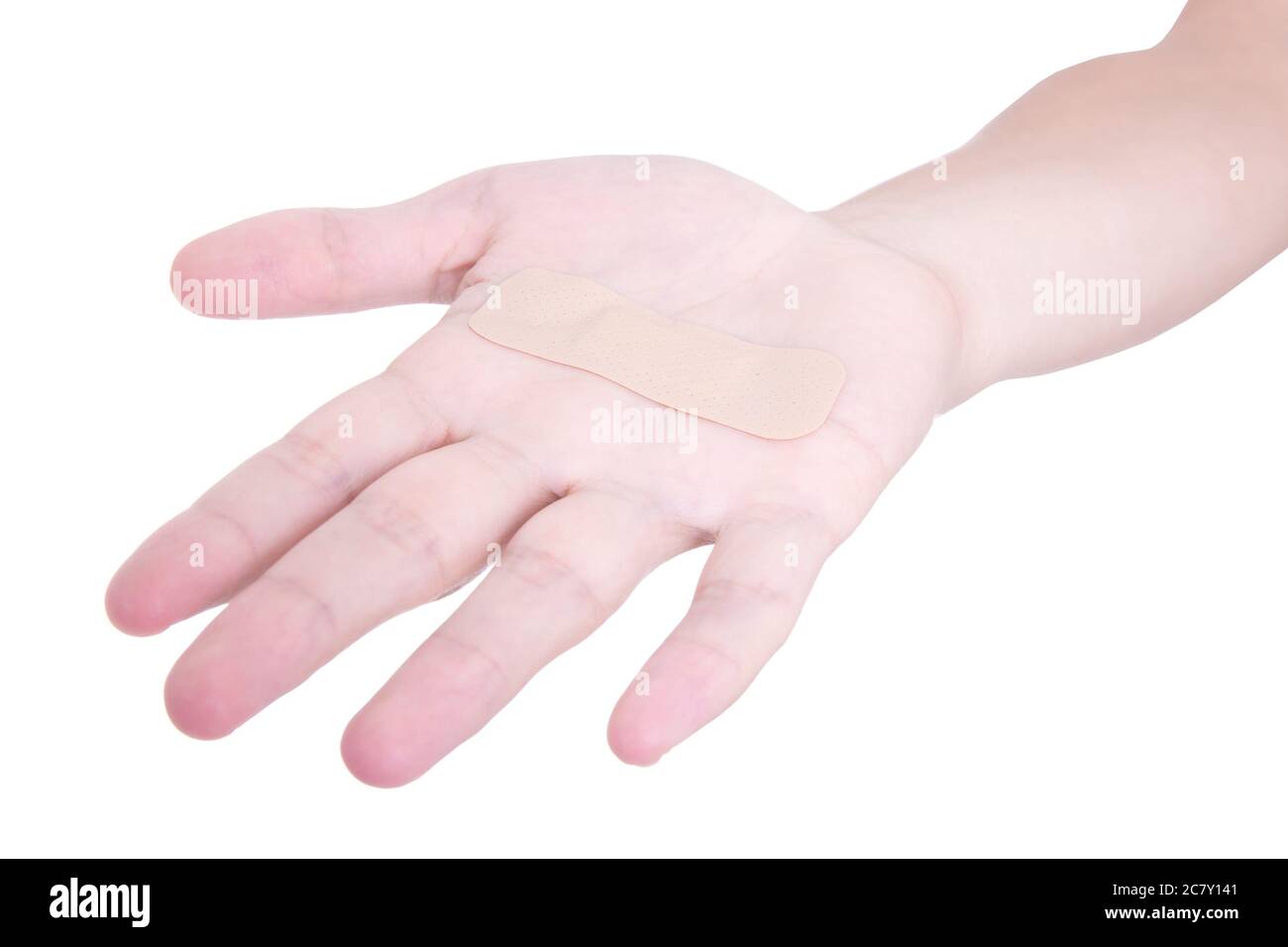 male palm with medical adhesive patch isolated on white background ...