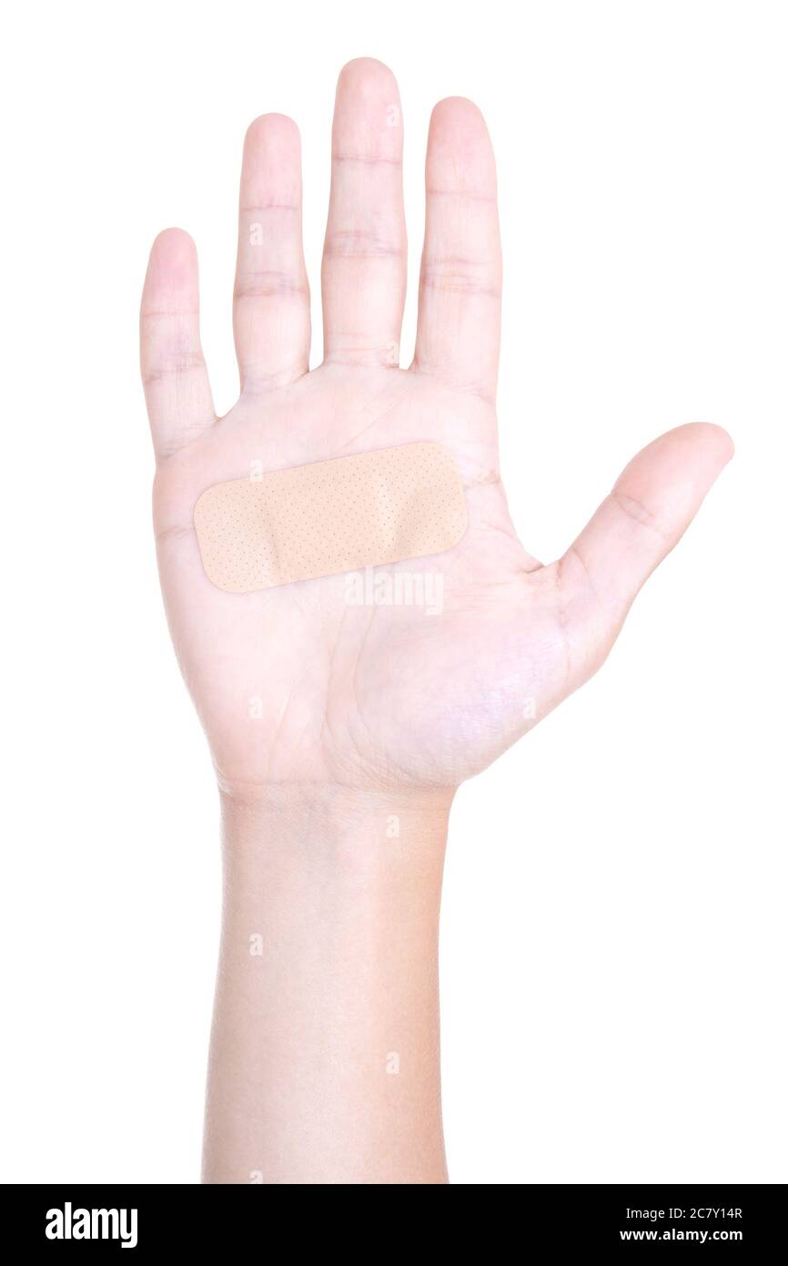 close up of male palm with medical adhesive patch isolated on white ...