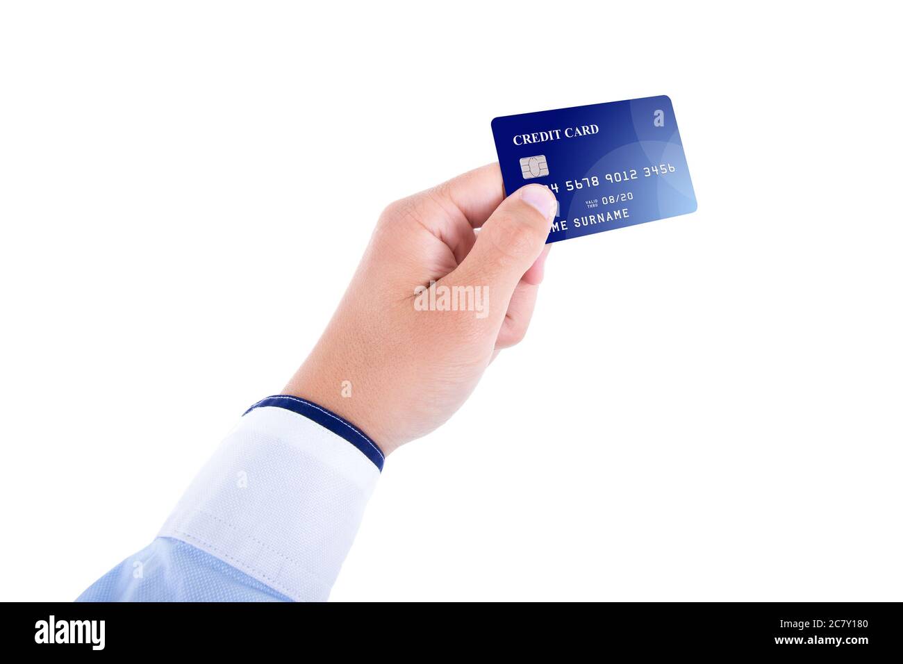 male hand giving plastic credit card isolated on white background Stock ...