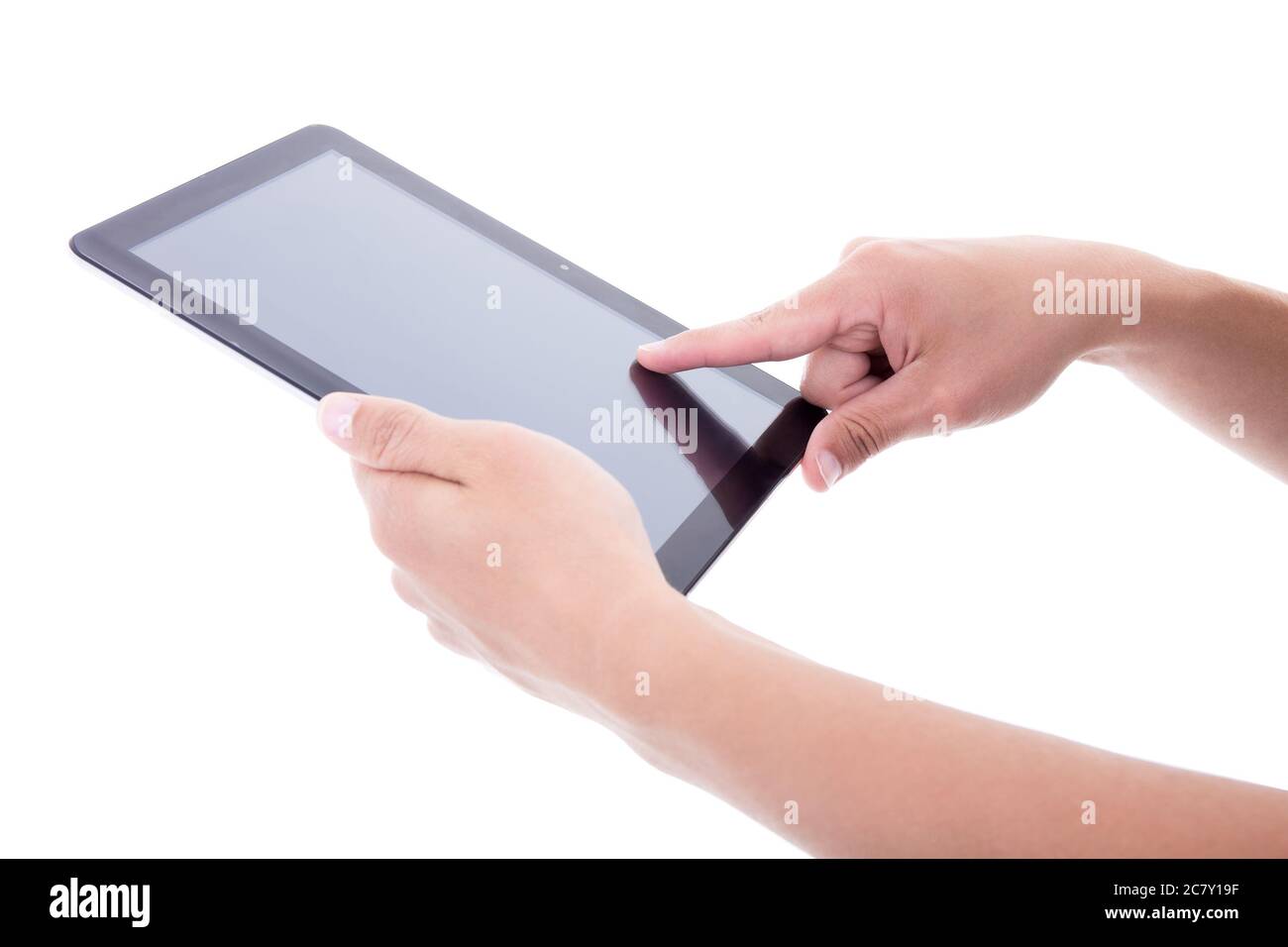 male hands using tablet pc with blank screen isolated on white ...