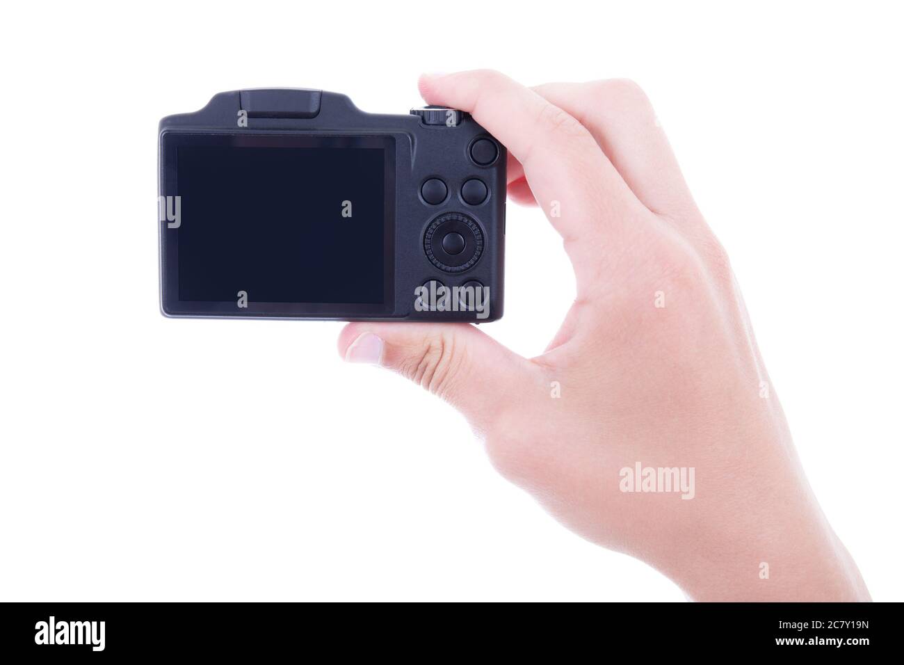 male hand holding compact digital camera with blank screen isolated on ...