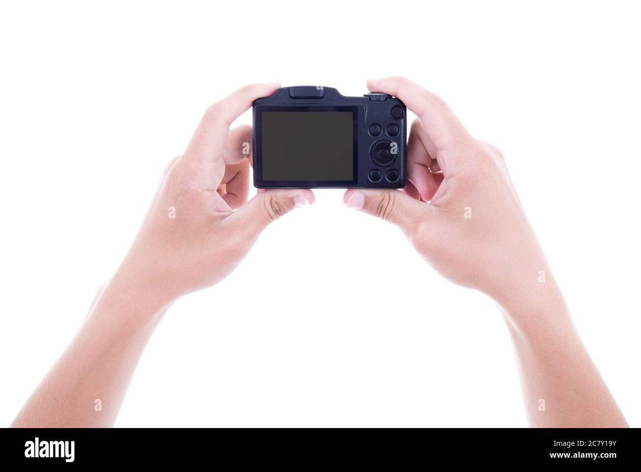 male hands holding digital camera with blank screen isolated on white ...