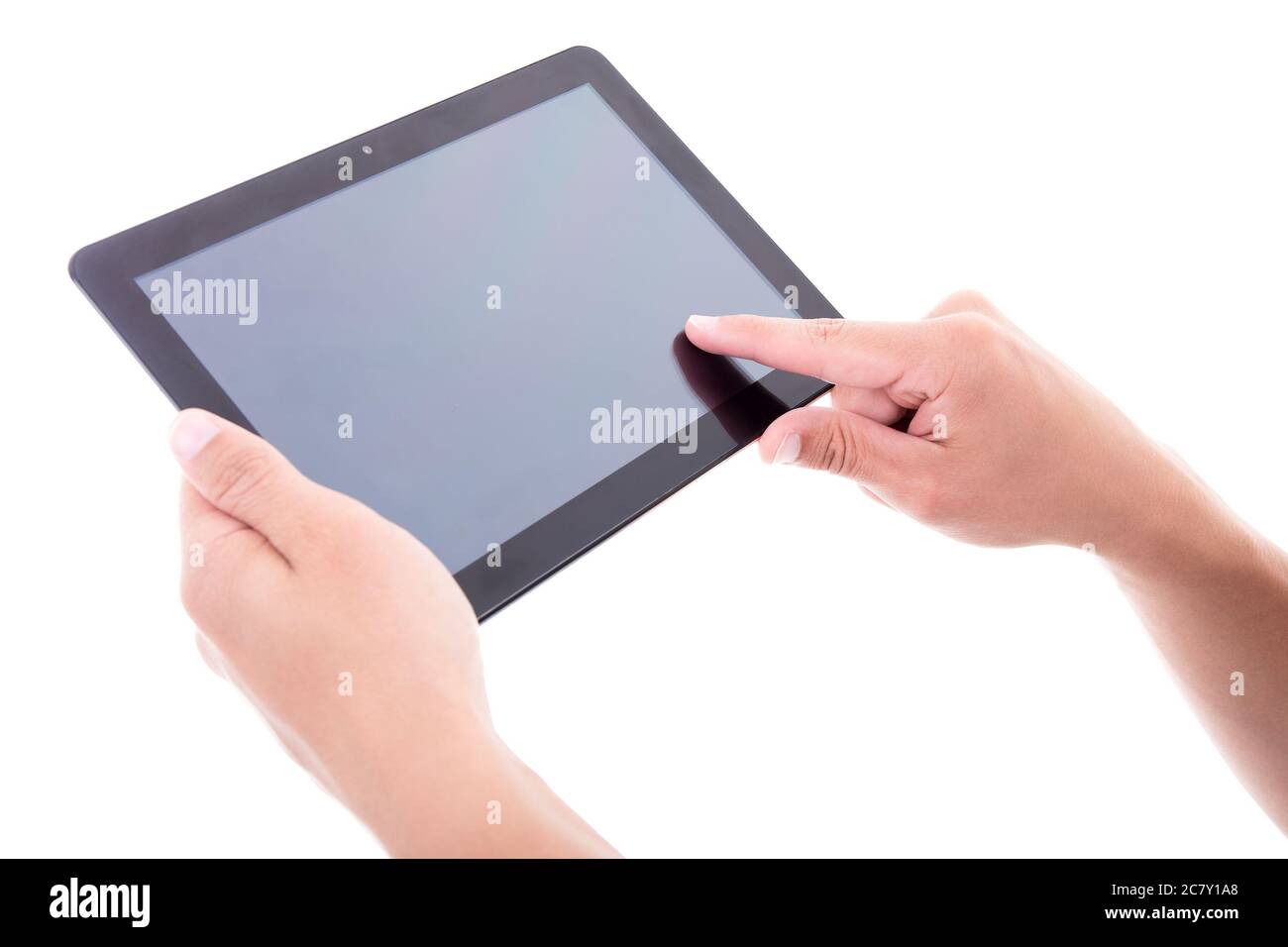 hands using tablet pc with blank screen isolated on white background ...