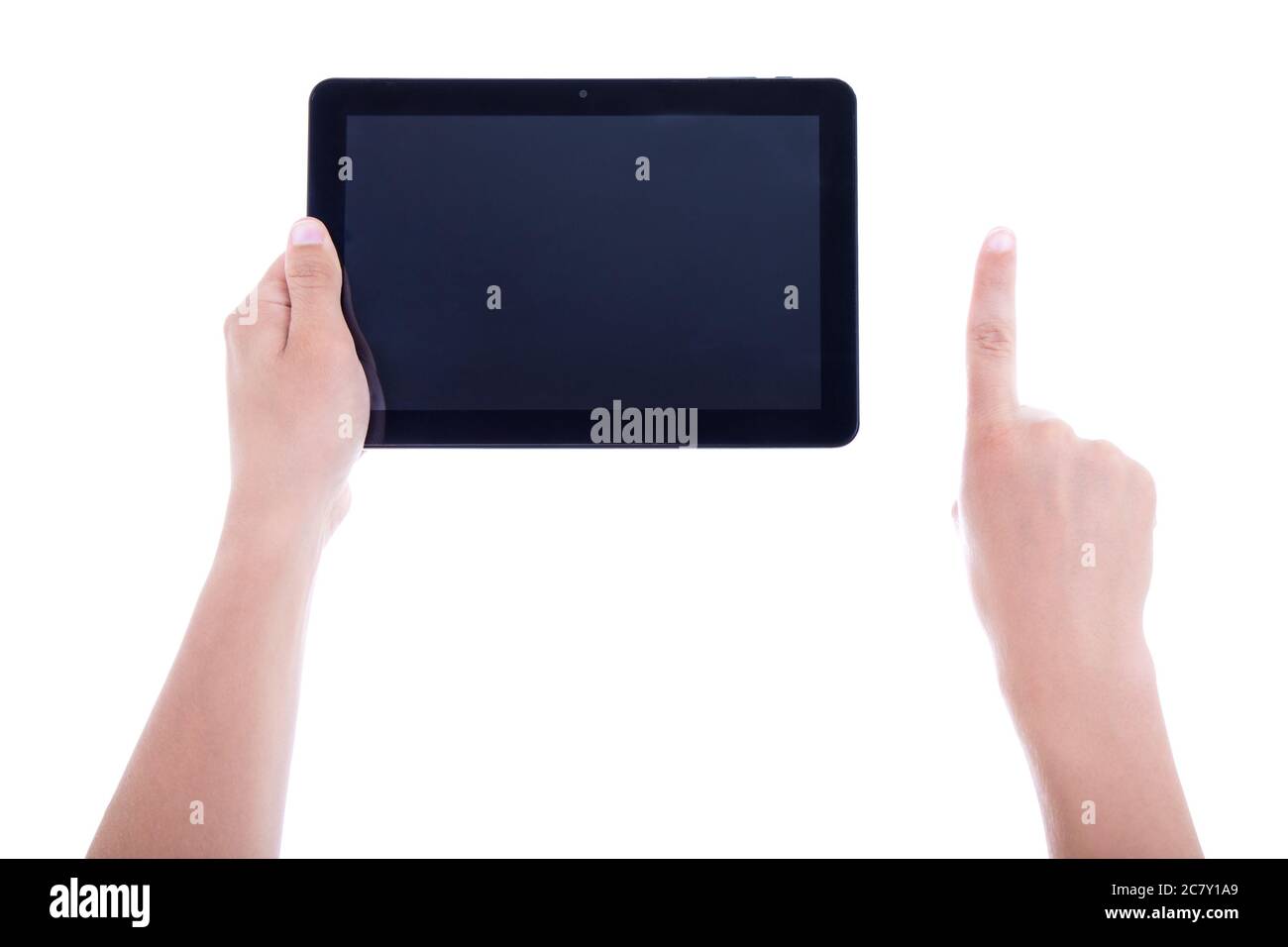 male hands using tablet computer with blank screen isolated on white ...