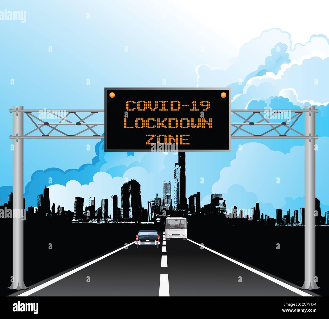 Roadway overhead digital gantry sign with COVID 19 Coronavirus lockdown ...