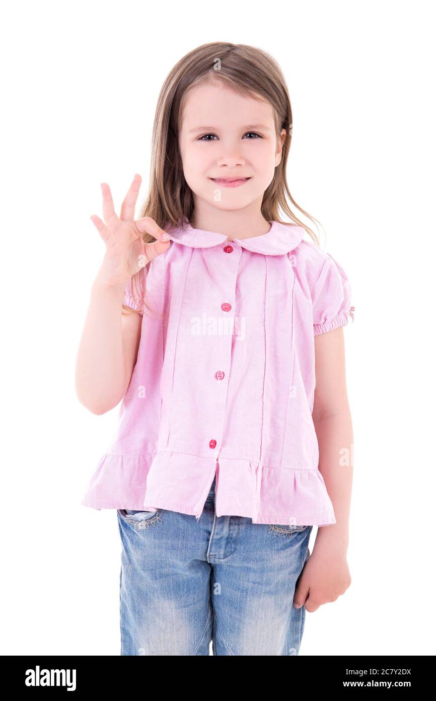 portrait of cute pretty little girl showing ok sign isolated on white ...