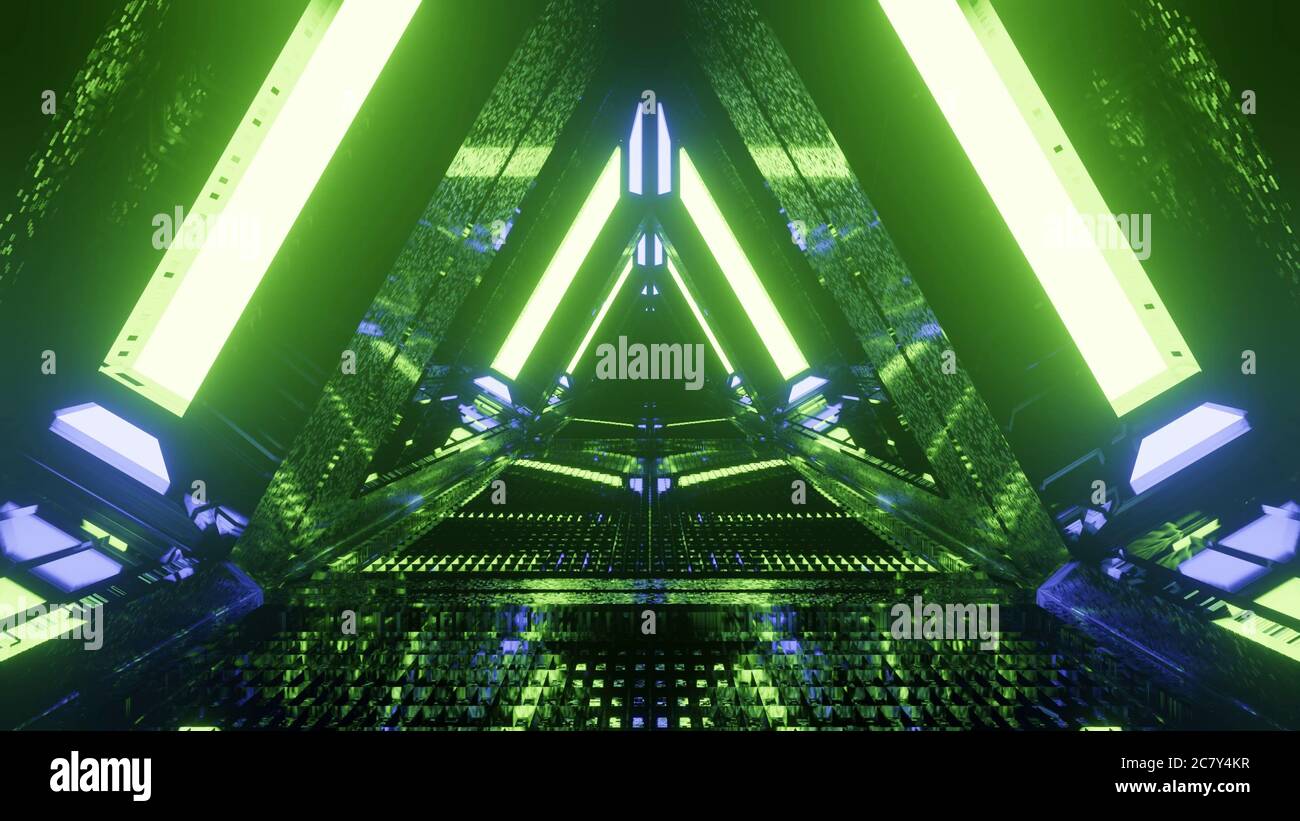 Closeup shot of green neon lights forming triangular shapes in ...