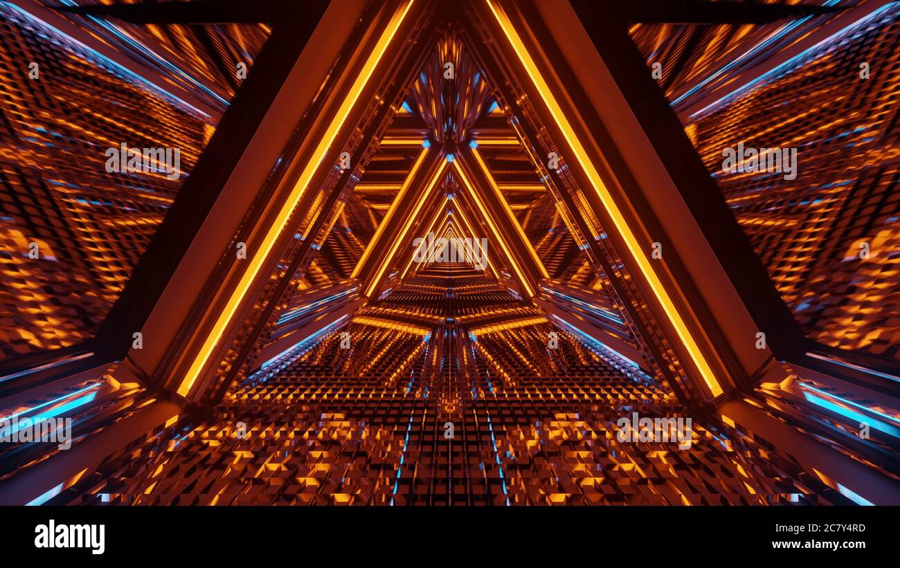 Closeup shot of orange neon lights forming triangular shapes in ...