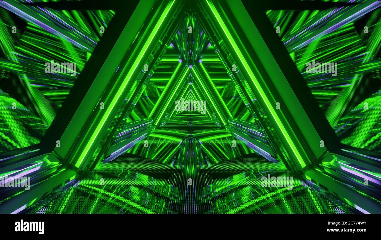Closeup shot of green neon lights forming triangular shapes in ...