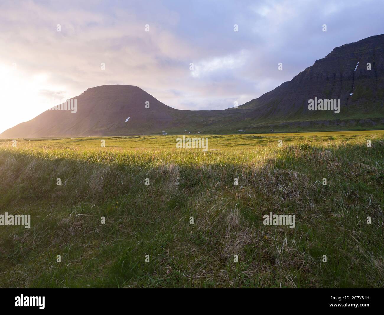 beautiful snow cliffs mountain and hills in Fljotavik cove ...