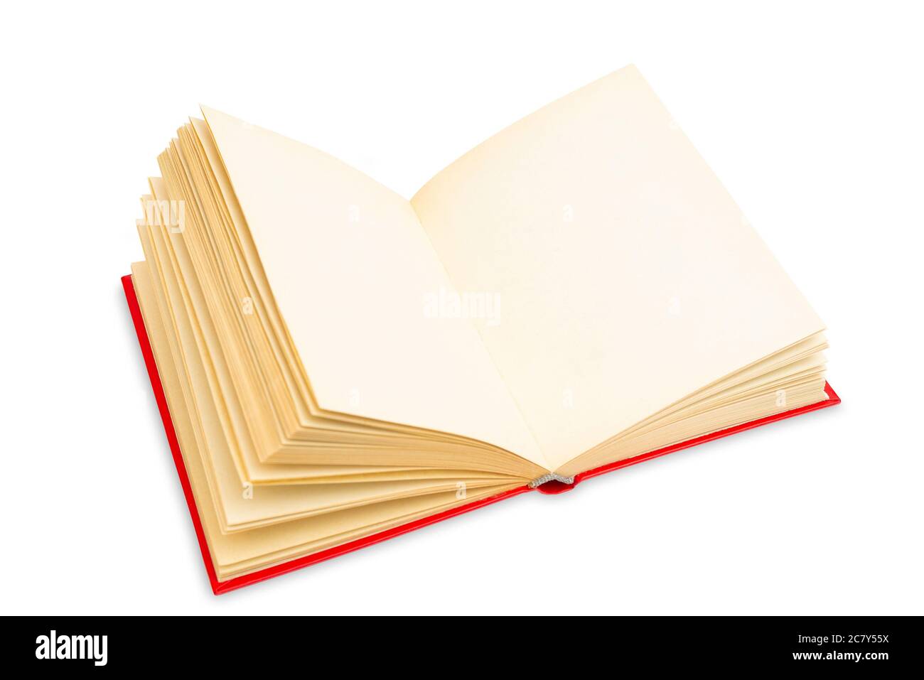 Closeup shot of open book in red cover isolated on a white background ...