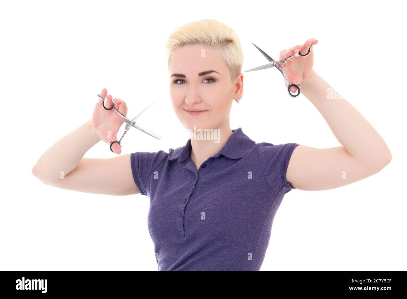 blonde woman hair stylist posing with scissors isolated on white ...